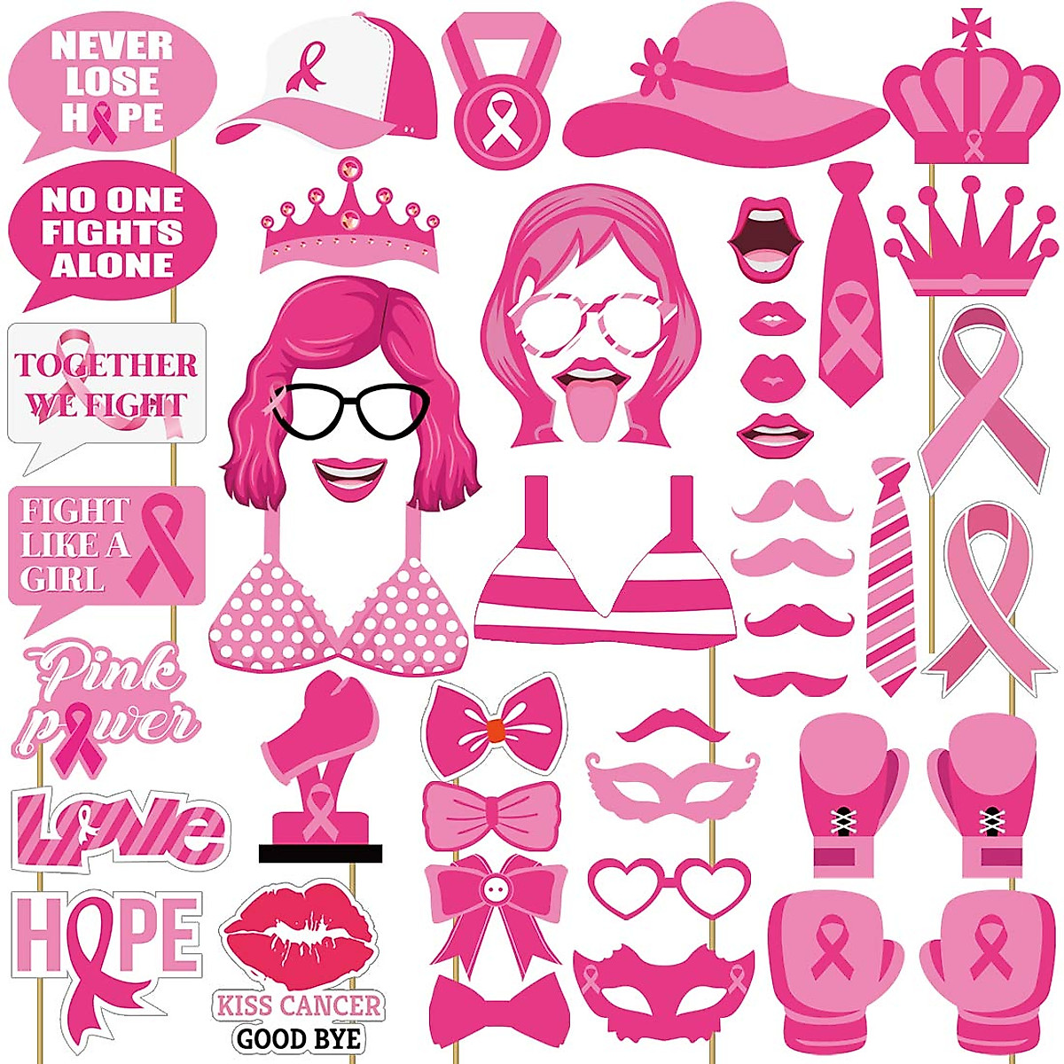 45PCS Breast Cancer Awareness Props - Pink Ribbon Photo Booth Fundraiser Charity Event Party Supplies Decorations