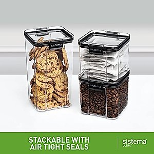 Sistema Tritan Airtight Pantry & Kitchen Storage Containers | 3 Square Plastic Food Containers with Lids (1x 1.3 L + 2x 700 ml) | Stackable | with Locking Clips | BPA-Free