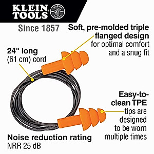Klein Tools 605036 Corded Earplugs, 25dB NRR, Reusable Orange Earplugs, 6-Pack with Case for Construction, Industrial Use, Shooting and Hunting
