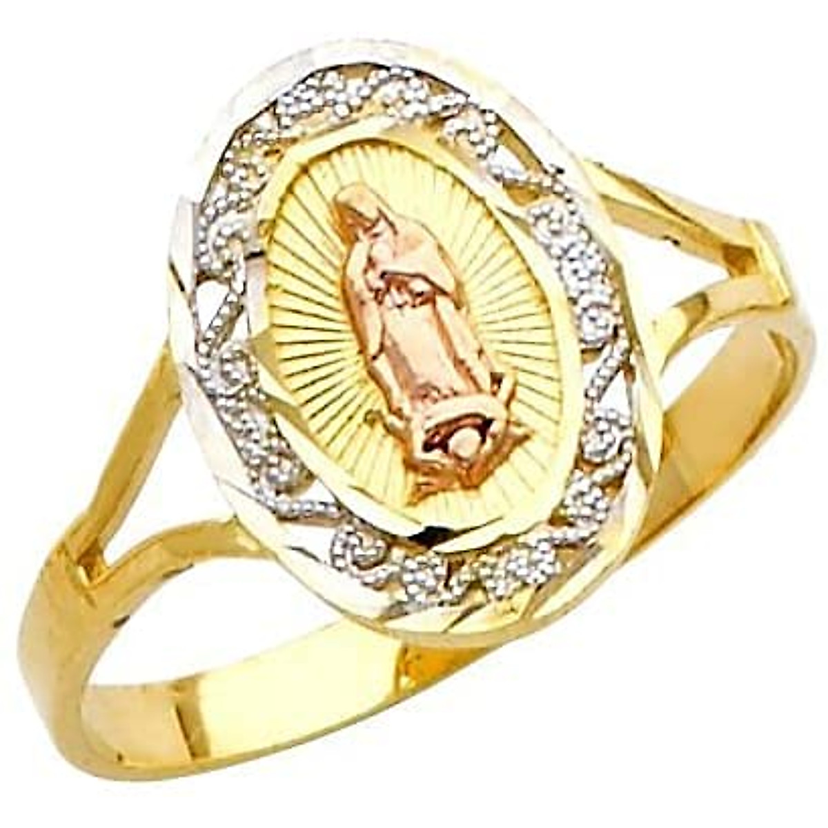 14K Yellow, White, and Rose Gold Tri-Color Our Lady of Guadalupe Immaculate Conception Catholic Oval Statement Ring - Size 6-1/2