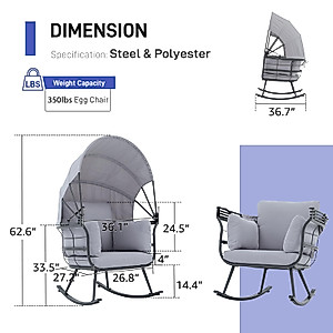 Patiorama Outdoor Indoor Rocking Egg Chair, Patio Rocker Chair with Retractable Canopy, All-Weather Outside Oversized Lounge Chair with Cushion for Garden Balcony Living Room, 350 lbs Capacity, Grey