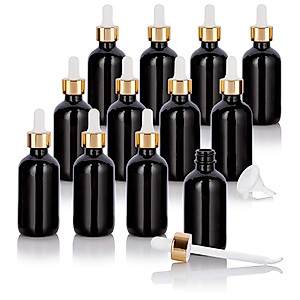 JUVITUS 2 oz Black Glass Luxury Boston Round Bottle with Gold Dropper (12 Pack) + Funnel