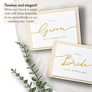 Shoppau Set of 2 Bride and Groom Wedding Day Cards - Linen Textured Cardstock - Elegant Script - 4.875" x 3.75" Folded - Embossed Border - Set of 2 Cardstock Beige Envelopes (Gold Foil)