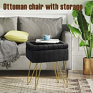 Greenstell Vanity Stool Chair Faux Fur with Storage, 15.7"L x 11.8"W x 19.4"H Soft Ottoman 4 Metal Legs with Anti-Slip Feet, Furry Padded Seat, Modern Multifunctional Chairs for Makeup, Bedroom Black