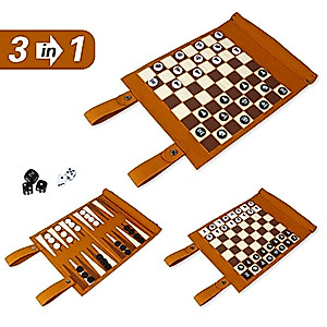 Andux Rollable 3 in 1 Chess Backgammon Board Game Microfiber Portable Chess Set PGSLQ-01(Brown)