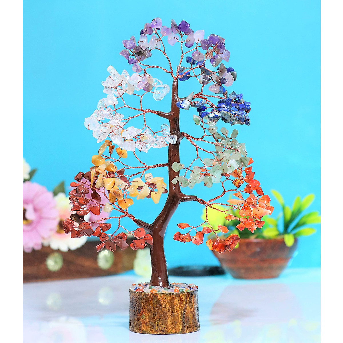 Crocon Seven Chakra Gemstone Tree Copper Wire Feng Shui Money Bonsai Good Luck Chakra Healing Crystals Home Decoration Ornament Figurine Wealth Prosperity Gift Size: 10-12"