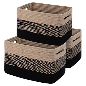 OIAHOMY Storage Basket, Woven Baskets for Storage, Cotton Rope Basket for toys,Towel Baskets for Bathroom - Pack of 3, Black & Brown