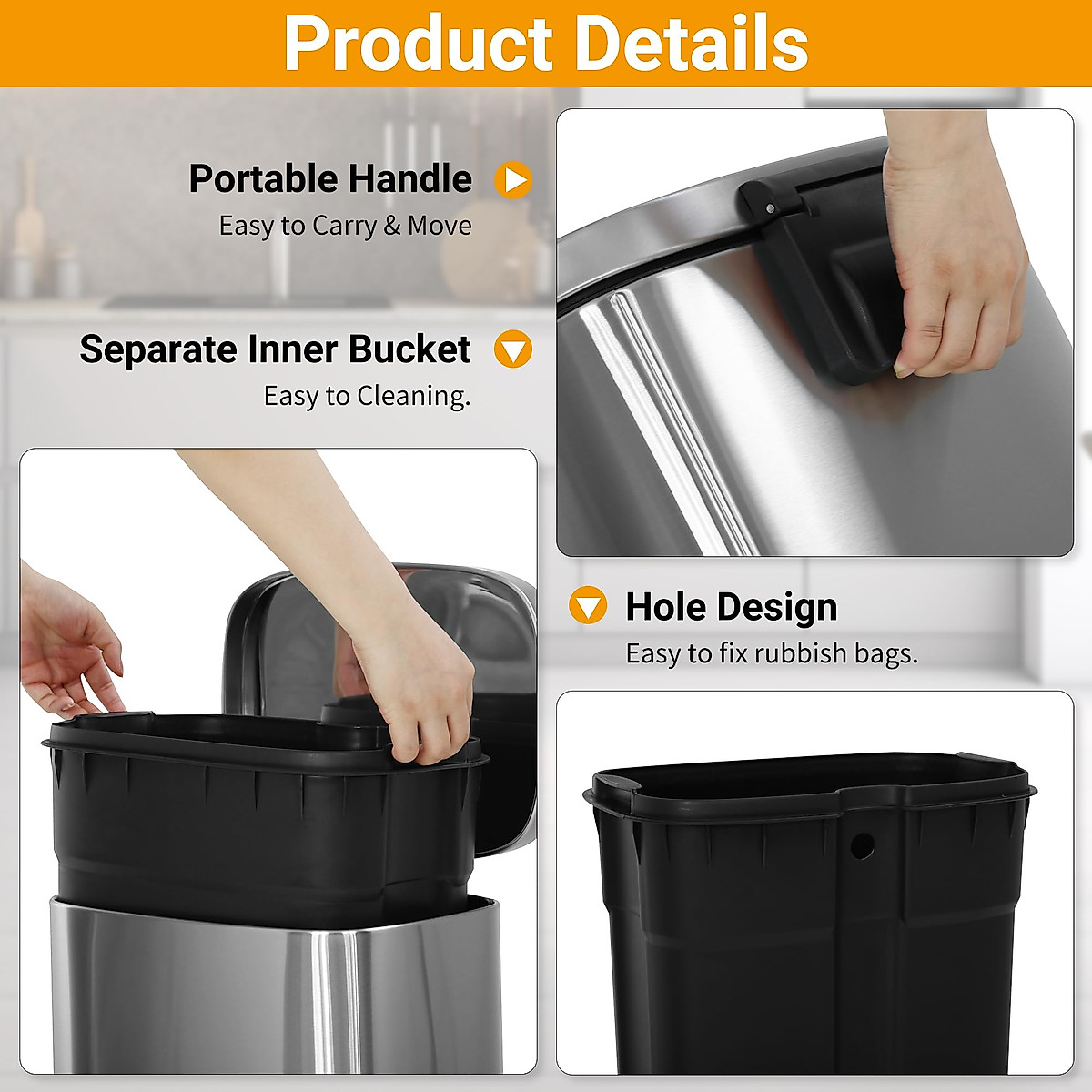 BLKMTY Trash Can Kitchen Trash Can with Lid for Office Bathroom Garbage Bin Step Trash Bin Pedal Trash Can Stainless Steel Garbage Can with Removable Inner Bucket Tall 10 Gallon/45L Rubbish Bin