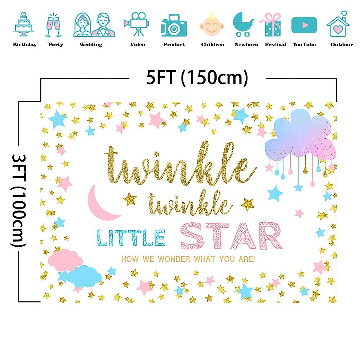 Mocsicka Twinkle Star Gender Reveal Decoration, Boy or Girl Gender Reveal Backdrop, 5x3ft Vinyl Twinkle Twinkle Little Star Banner Supplies(White,5x3ft)