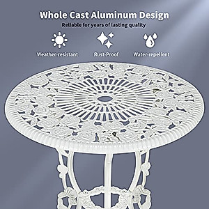 Giantex 3 Piece Bistro Set, Cast Aluminum Porch Furniture, Outdoor Patio Dining Table and Chairs with Umbrella Hole for Balcony Backyard Garden Poolside (White Rose Pattern)