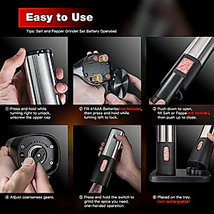 Battery Operated Salt and Pepper Grinder Set, Electric Salt Grinder with Storage Base, One Hand Automatic Operation, Stainless Steel Black 2 Pack