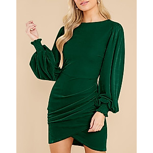 MITILLY Women's Elegant Velvet Long Sleeve Bodycon Dress Wrap Ruched Wedding Guest Formal Cocktail Mini Dress Medium Dark Green