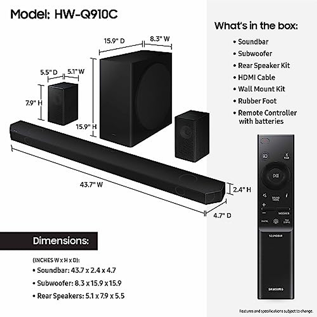 SAMSUNG HW-Q910C 9.1.2ch Soundbar w/ Wireless Dolby Audio, Rear Speaker Included, Q-Symphony, SpaceFit Sound Pro, Adaptive Sound, Game Mode Pro, Airplay 2 with Alexa Built-In