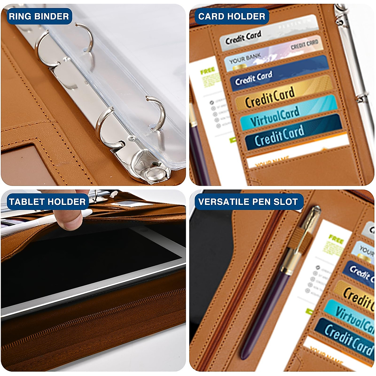 Linaxbong Padfolio Portfolio Business Binders—3 Ring Binders，Secure Zippered Closure，Resume padfolio Business Organizer—Pu Leather Padfolio Portfolio Binders for Men & Women (Brown)