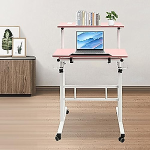 LULUGOGOTOP 24" Mobile Stand Up Desk,Small Adjustable Standing Desk w/Wheels,Portable Home Office Computer Workstation w/2 USB,Rolling Desk Laptop Cart for Standing or Sitting (Pink)
