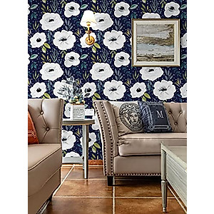 HAOKHOME 93245-3 Peel and Stick Floral Wallpaper Home Decor Removable Navy/White/Blue Vinyl Self Adhesive Mural 17.7in x 9.8ft