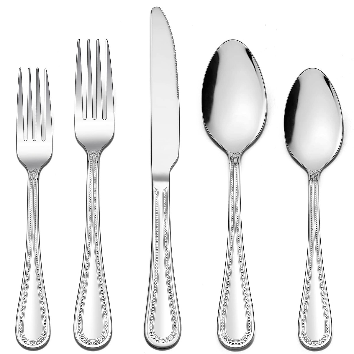 LIANYU Silverware Flatware Set for 8, 40-Piece Stainless Steel Eating Utensils with Pearled Edge, Cutlery Tableware for Home Kitchen Restaurant Party, Mirror Finished, Dishwasher Safe