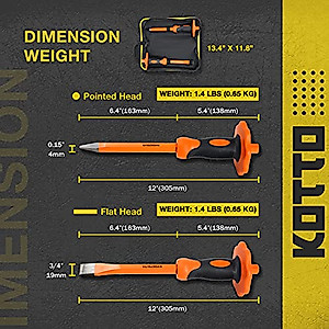 KOTTO 2 Pack Heavy Duty 12-Inch Chisels Set With Hand Protection, Point Chisel and Flat Chisel for Demolishing/Masonry/Carving/Concrete Breaker with Storage Case