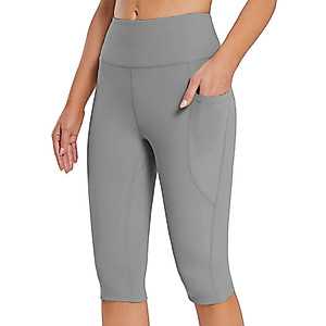 Active Yoga Pants for Women Knee Length Leggings High Waisted Yoga Workout Exercise Capris for Casual Summer with Pockets Gray