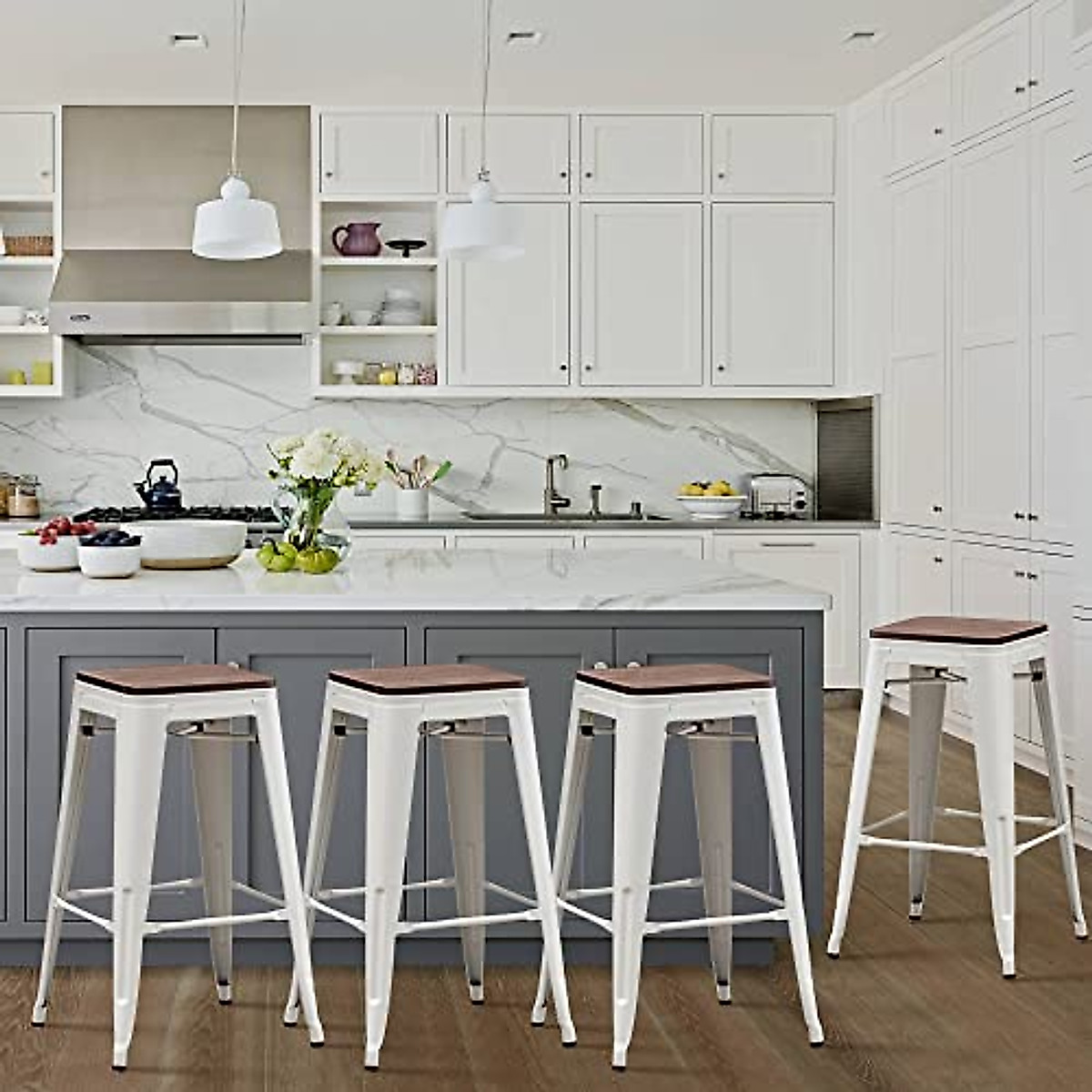 Alunaune 26" Metal Bar Stools Set of 4 Industrial Backless Counter Height Barstools Stackable Kitchen Patio Stool Wood Top-White