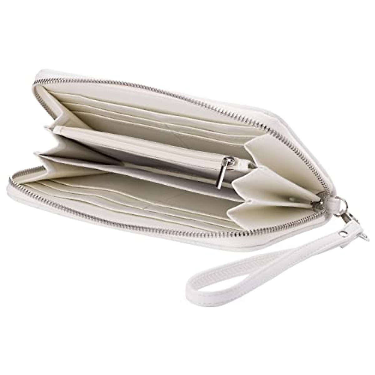 Brentano Vegan Leather Slim Single-Zipper Chevron Embroidered Wallet Clutch with Removable Wrist Strap (WHITE)