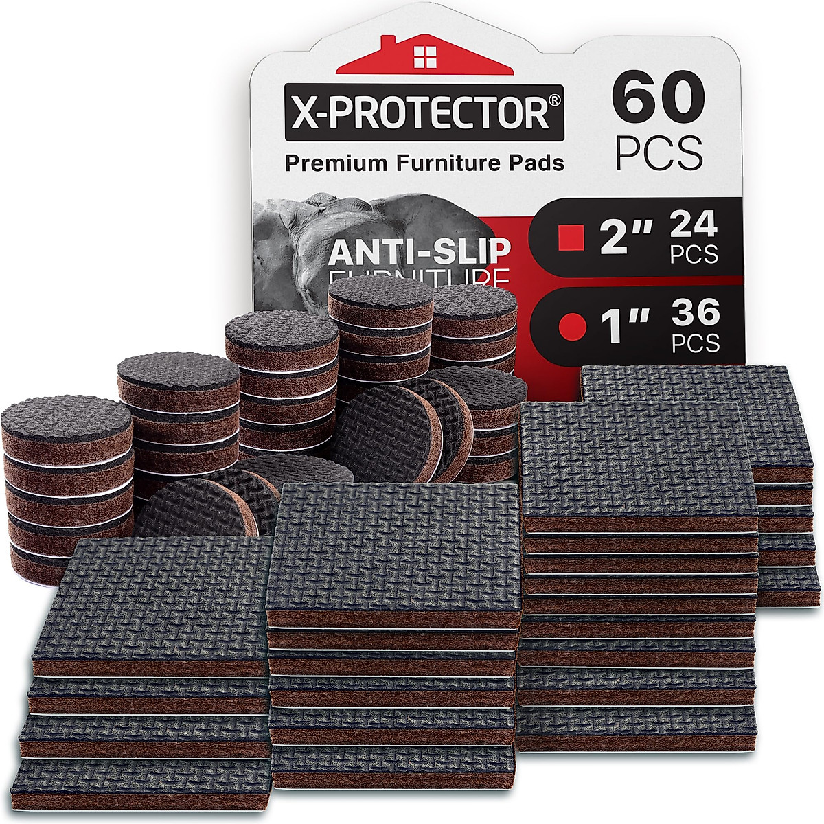 X-Protector Non Slip Furniture Pads for Hardwood Floors 60 PCS - 36 Round 1” + 24 Square 2" Anti Slip Furniture Pads - Self-Adhesive Rubber Furniture Pads Non Slip - Ideal Furniture Stoppers!