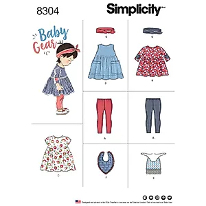 Simplicity US8304A Baby Gear Toddler's Leggings, Dress, Bibs, and Headband Sewing Patterns, Sizes XXS-L