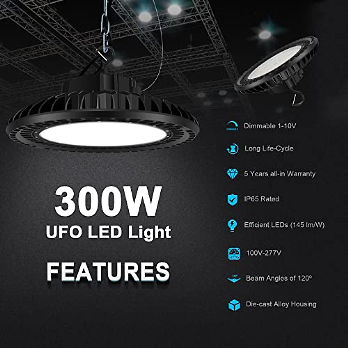 OPENLUX 300W UFO LED High Bay Lights 43,500lm (1200W MH/HPS Equiv.) 5000K 0-10V Dimmable High Bay LED Shop Lights UL Approved LED Warehouse Light AC100-277V