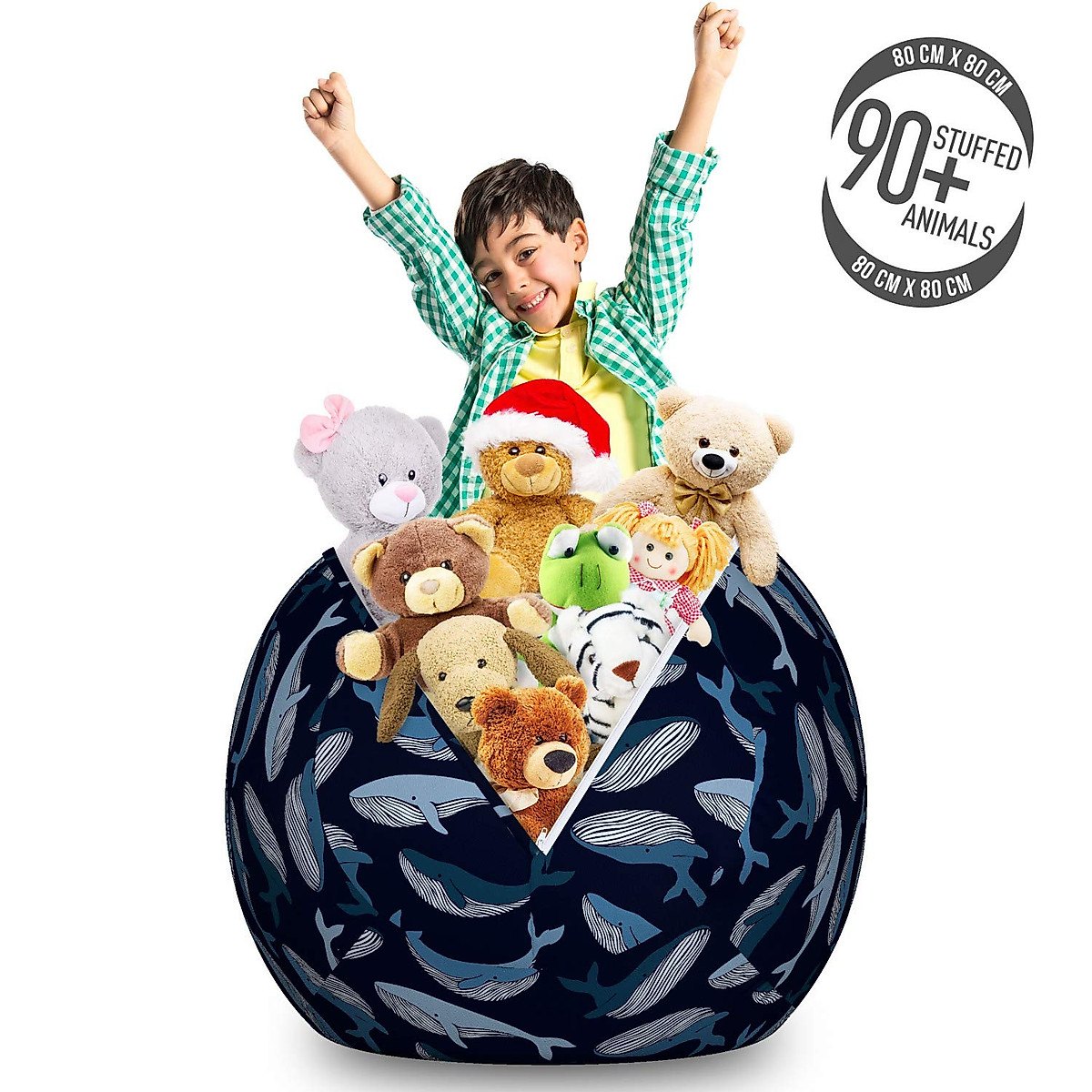 Lunarable Whales Storage Toy Bag Chair, Doodle Pattern with Ocean Mammals Nature Theme on Dark Background, Stuffed Animal Organizer Washable Bag, Large Size, Pale Blue