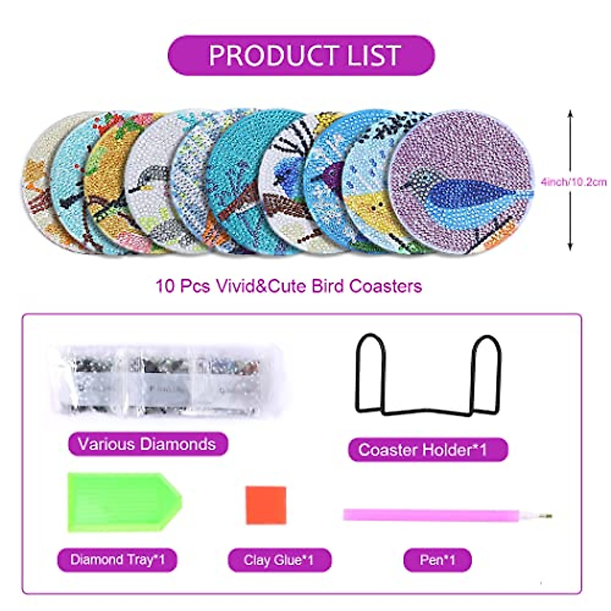 DLDXGXNR Bird Diamond Art Coasters 10Pcs Bird Diamond Painting Coasters with Holder Bird Diamond Art Kits for Beginners Adults Kids Gifts