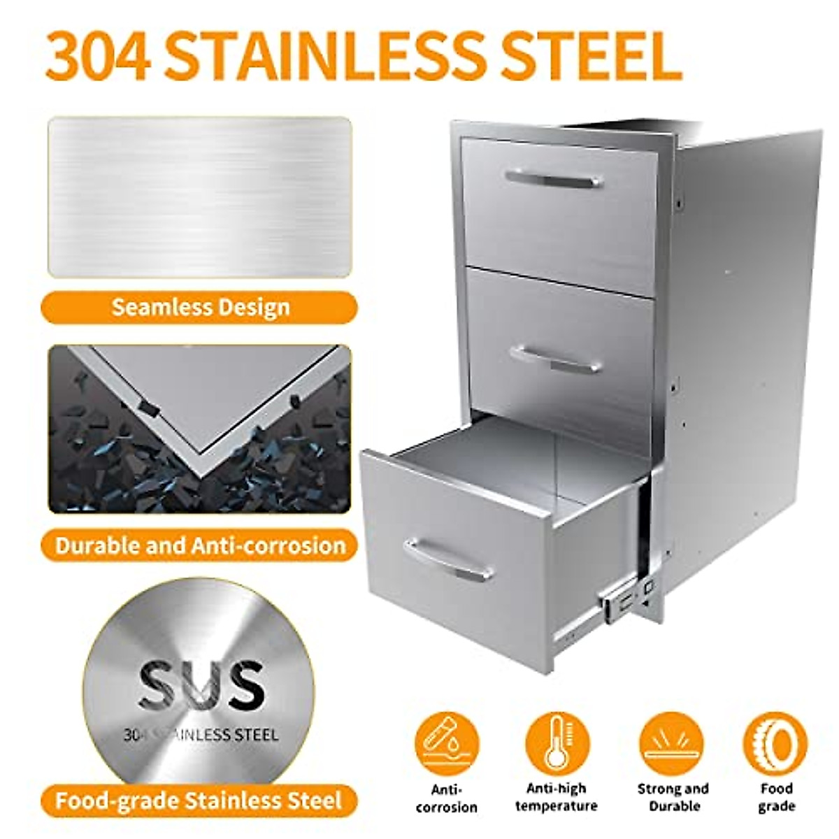 KODOM Outdoor Kitchen Stainless Steel Double Access Drawers with Paper Towel Holder Combo for Outdoor Kitchen Island or Grill Station（Overall Size: 17W x 30H x 21D Inch）