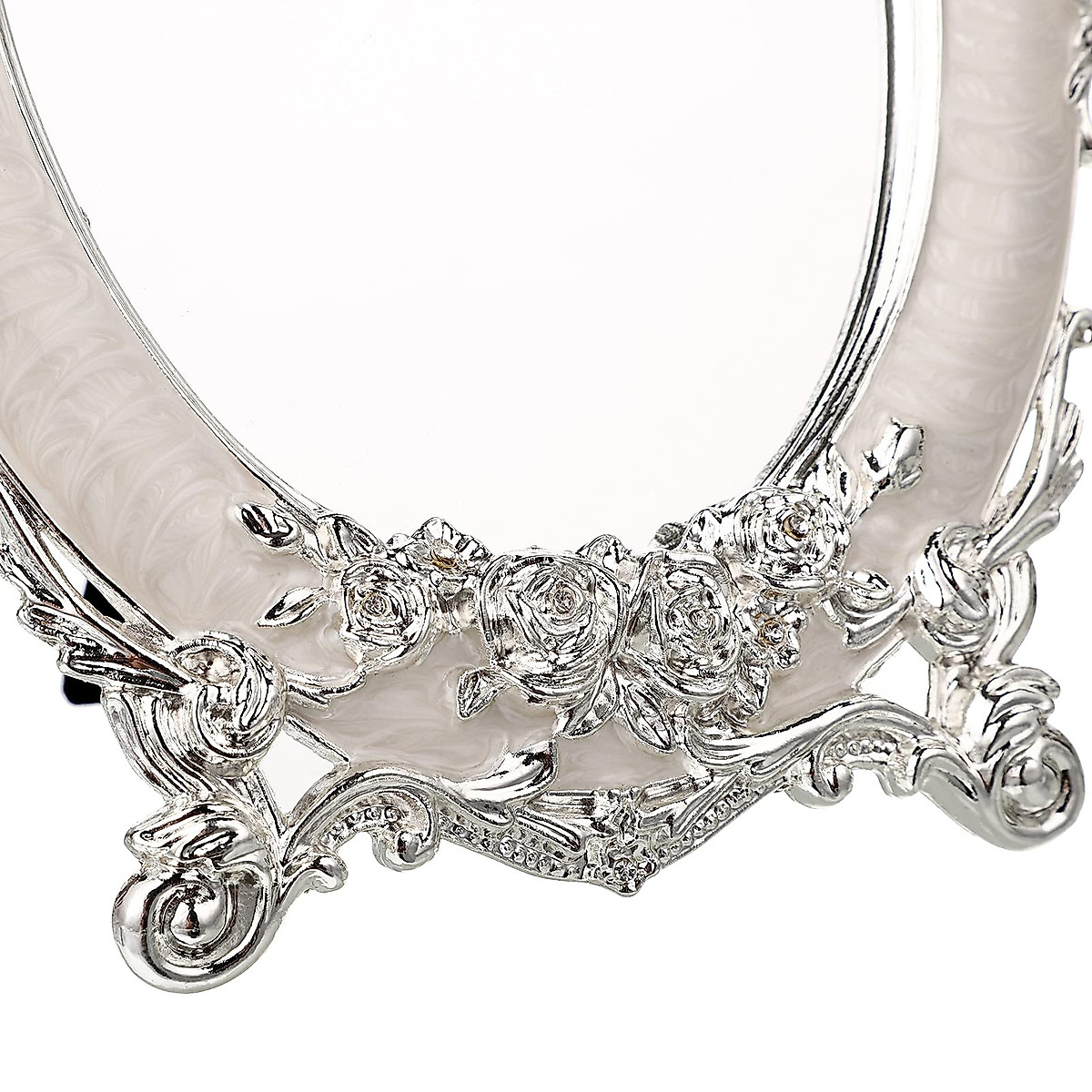 JUXYES Small Tabletop Dressing Mirror Vintage Metal Desktop Mirror with Stand, Antique Embossed Roses Countertop Makeup Mirror Retro Oval Cosmetic Decorative Mirrors for Table Centerpieces