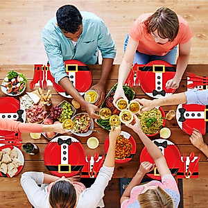Kepeel 168 Pcs Santa Christmas Party Decorations, Santa Claus Suit Party Paper Plates Napkins Cups, Plastic Forks Knives Spoons Supplies for Winter Holiday Merry Christmas Party Disposable Tableware