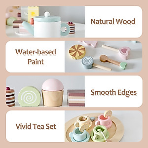 Smartwo Wooden Tea Party Set for Little Girls, 34 PCS Wooden Tea Set for Toddlers 3-5, Pretend Play Kids Wood Tea Set Toy, Play Kitchen Accessories with Play Food, Improve Imagination