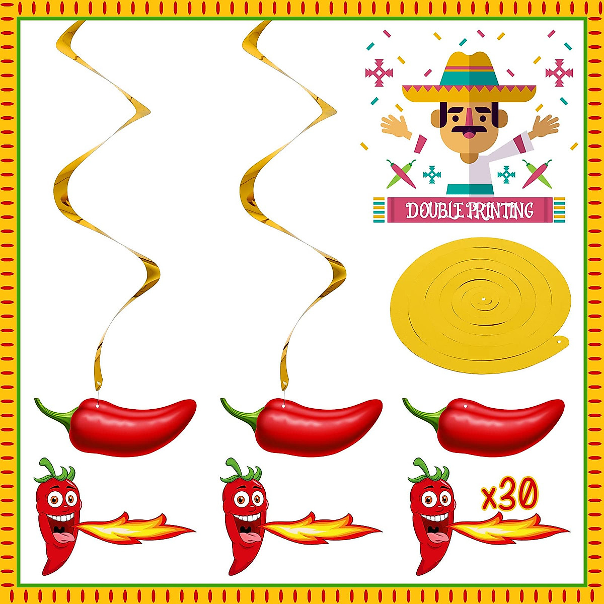 30 Pieces Chili Pepper Whirls Cinco de Mayo Pepper Decorations for Fiesta Party Mexico Spiral Hanging Party Streamers for Decor Mexican Party Accessories (Red)