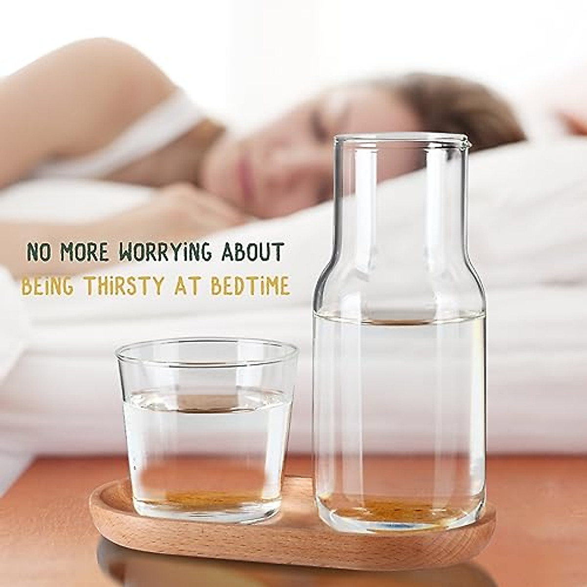 Bedside Water Carafe and Glass Set, 550ml Clear Glass Juice Water Pitcher, Night Water Carafe with Cup Set for Bedroom Nightstand, Wooden Pallet Included