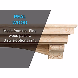 72 Inch Floating Fireplace Mantel Wood Shelf In Unfinished - Salem From Mantels Direct | Corbel Bracket Arches Included | Wooden Rustic Wall Shelf Perfect for Electric Fireplaces and Décor