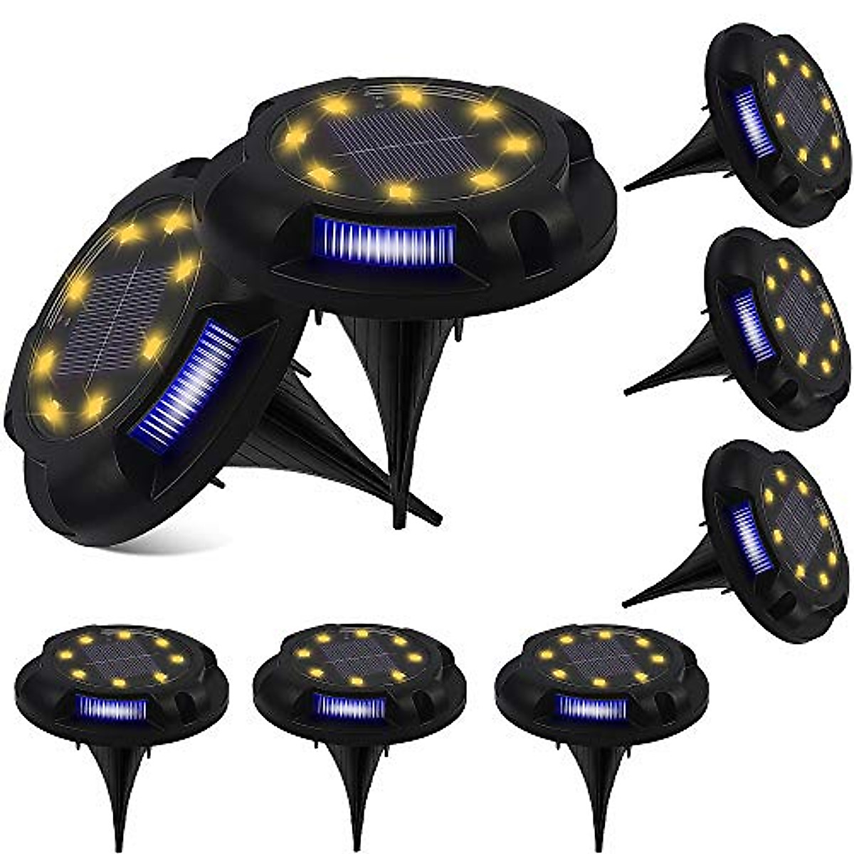 MAGGIFT 8 Pack Solar Ground Lights Outdoor, Disk Light 8 LED Warm White + 4 LED Blue, Waterproof Solar Powered Lights, In-Ground Walkway Deck for Pathway Driveway Landscape Garden Patio, Lawn, Yard