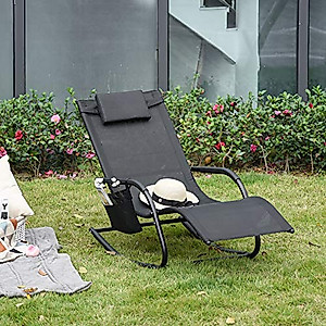 Outsunny Outdoor Rocking Chair with Breathable Mesh Fabric, Patio Porch Chair with Side Pocket, Sun Lounge Chair with Detachable Pillow for Deck, Garden, or Pool, Black