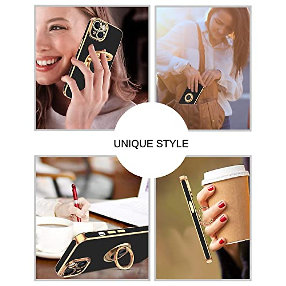 VENINGO iPhone 14 Case,Phone Cases for iPhone 14,Slim Fit Soft 360° Ring Holder Kickstand Magnetic Car Mount Supported Easy Clean Shockproof Protective Cover for Apple iPhone 14 6.1" 2022,Black/Golden