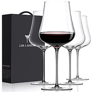 LUNA & MANTHA Red Wine Glasses | Set of 4 | Premium Crystal Wine Glass | Hand-Blown Long Stem Burgundy Wine Glasses | 18Oz | Martini Set Gifts for Wedding, Anniversary, Birthday|Clear