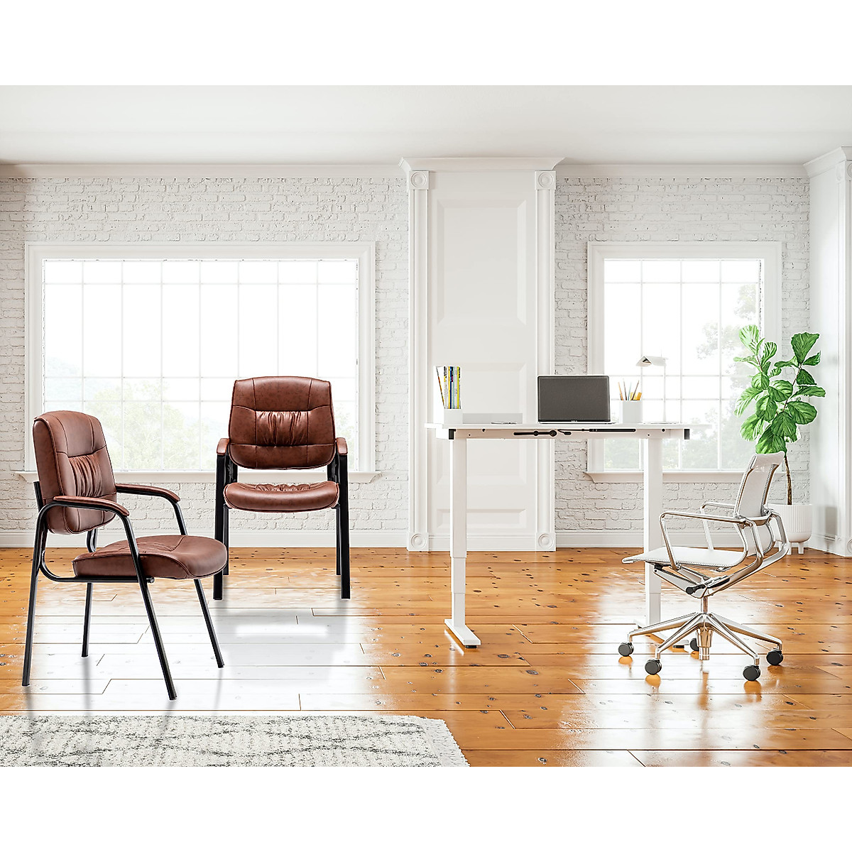 BTEXPERT Brown Leather Office Executive Waiting Room Guest Reception Side Conference Chair, BB5046BR