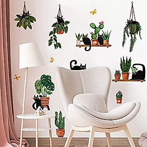 Yovkky Black Cats Potted Plant Wall Decals Stickers, Cartoon Kitty Botanical Bonsai Nursery Playroom Decor, Cactus Kids Bedroom Home Classroom Living Room Kitchen Decorations Art