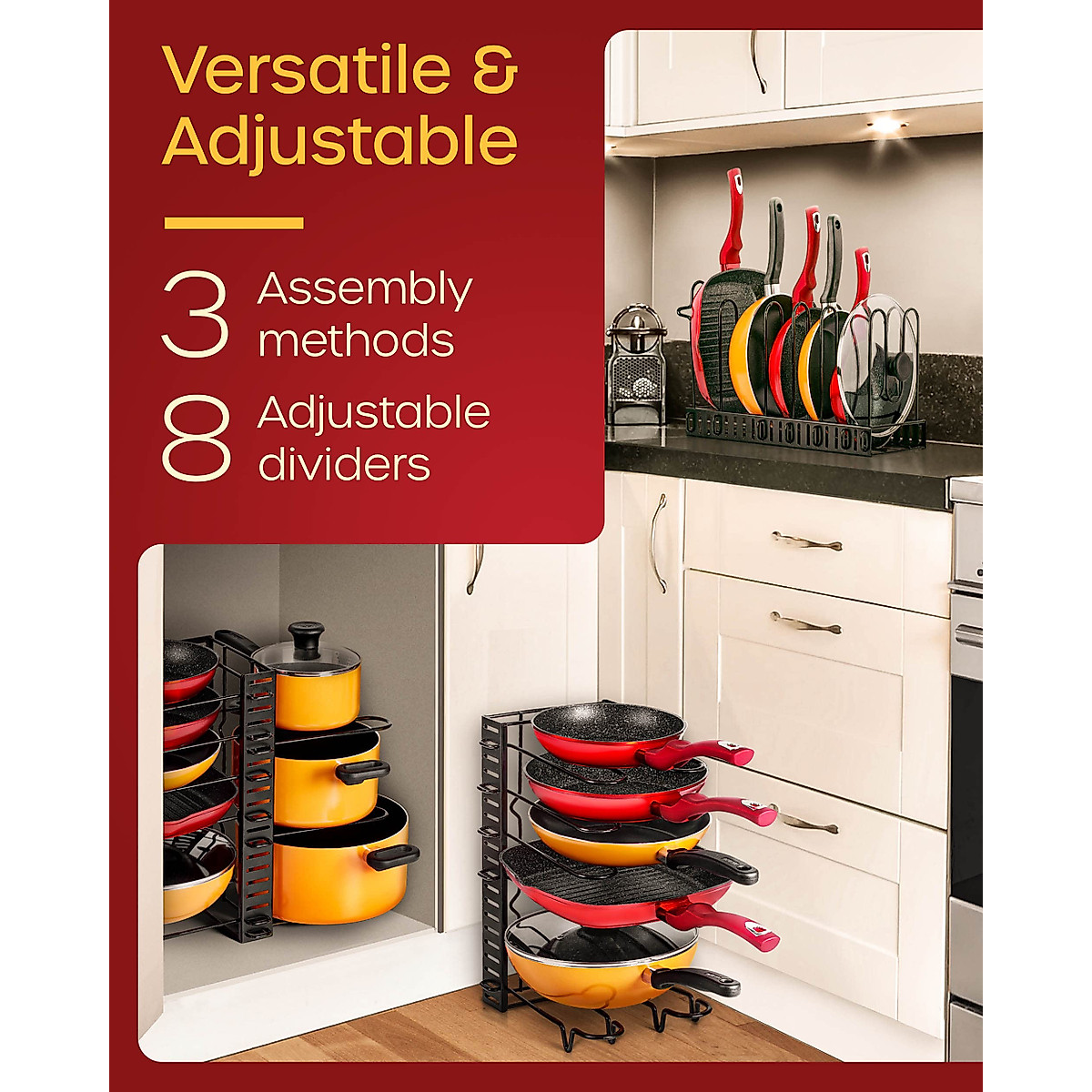 MUDEELA Pots and Pans Organizer for Cabinet Pan Organizer Rack for Cabinet with 3 DIY Methods and Wall Mounted Hanging Pot Rack for Kitchen, Cookware, Bathroom Bundle