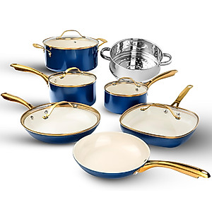 Gotham Steel 12 Pc Ceramic Pots and Pans Set Non Stick, Kitchen Cookware Sets, Pot and Pan Set, Ceramic Cookware Set, Non Toxic Cookware Set, Non Stick Pots and Pan Set, Dishwasher Safe - Cream Navy