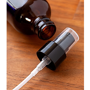 JUVITUS 4 oz Amber Glass Boston Round Bottle with Black Treatment Pump (12 pack) + Funnel