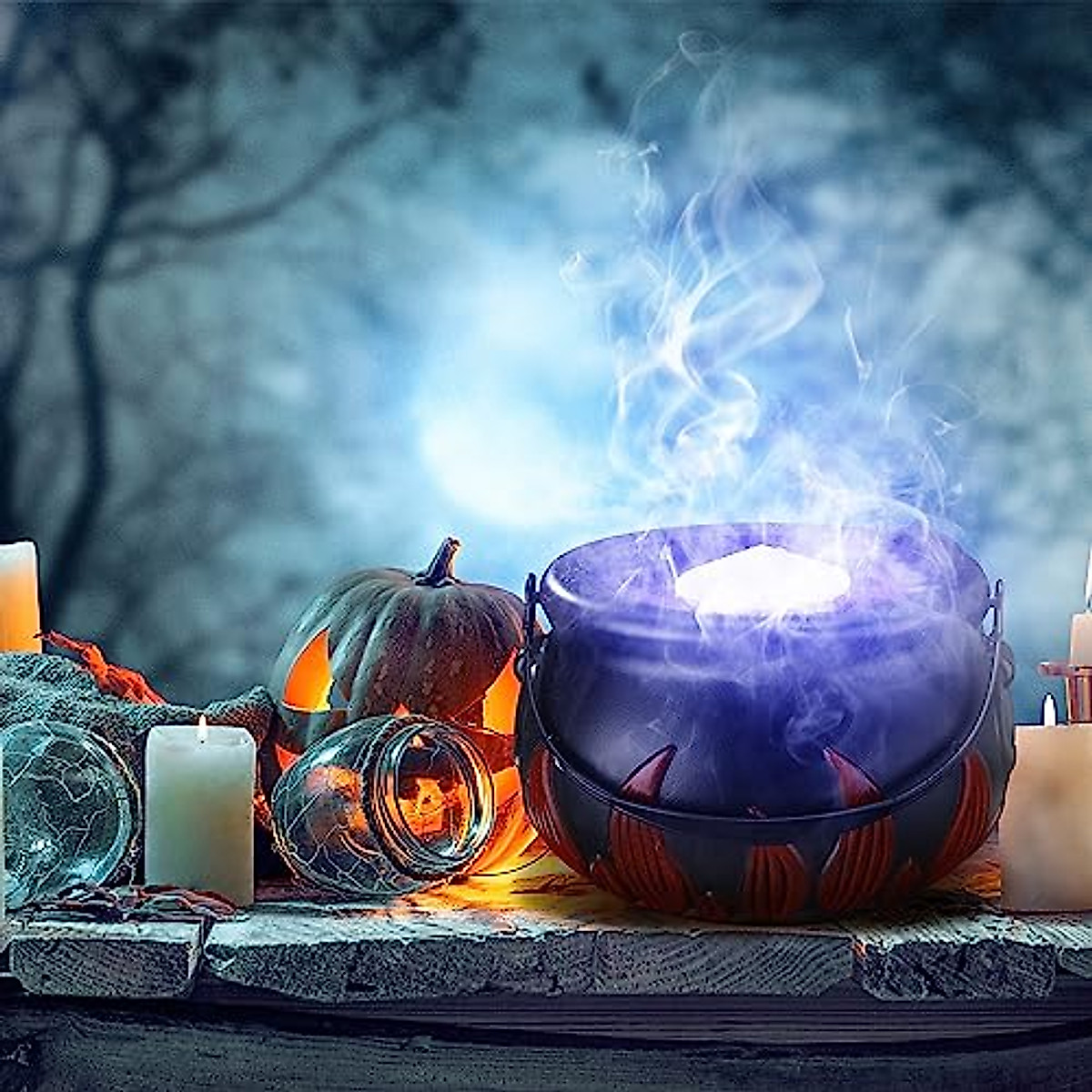 Halloween Cauldron Mister 12 LED Fogger Mist Maker Witches Cauldron Witch Jar Atomizer Lamp Punch Bowl Candy Fire Flame Bucket Fogger Misting Cauldron Halloween Home Outdoor Party Decorations