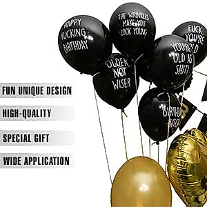 32 Piece NSFW Funny Abusive Old Age Birthday 12 Inch Party Balloons for adults with 10 Different rude, Offensive, and Sarcastic Phrases - Warning Adult Language