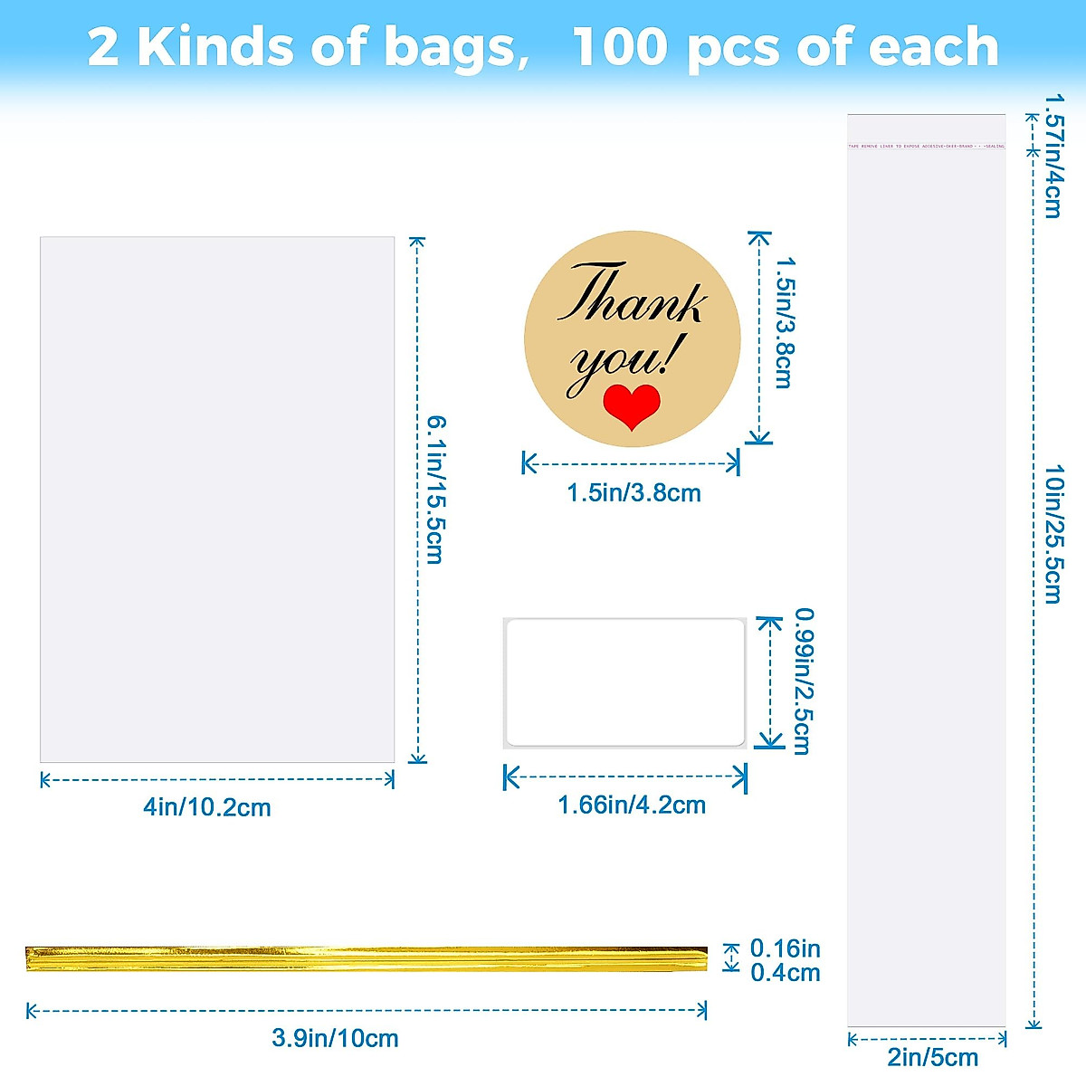 Cellophane Bags Total 200 Pcs (100 Pcs 4"x6" Flat Cellophane Bags & 100 Pcs 2"x10" Self Sealing Pretzel Rod Bags) Clear Cello Bags OPP Treat Bag Poly Bags for Bakery Favors Packaging with Twist Ties