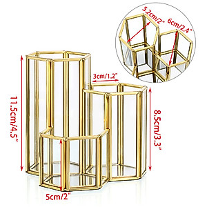 Hipiwe 3 Slots Glass Makeup Brush Holder - Gold Hexagon Cosmetics Brush Eyeliners Display Cup Home Decorative Makeup Organizer Desktop Pen/Pencil Pot Holder for Office